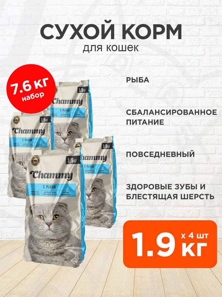 Корм сухой Chammy для взрослых кошек, рыба, 1,9 кг х 4 шт