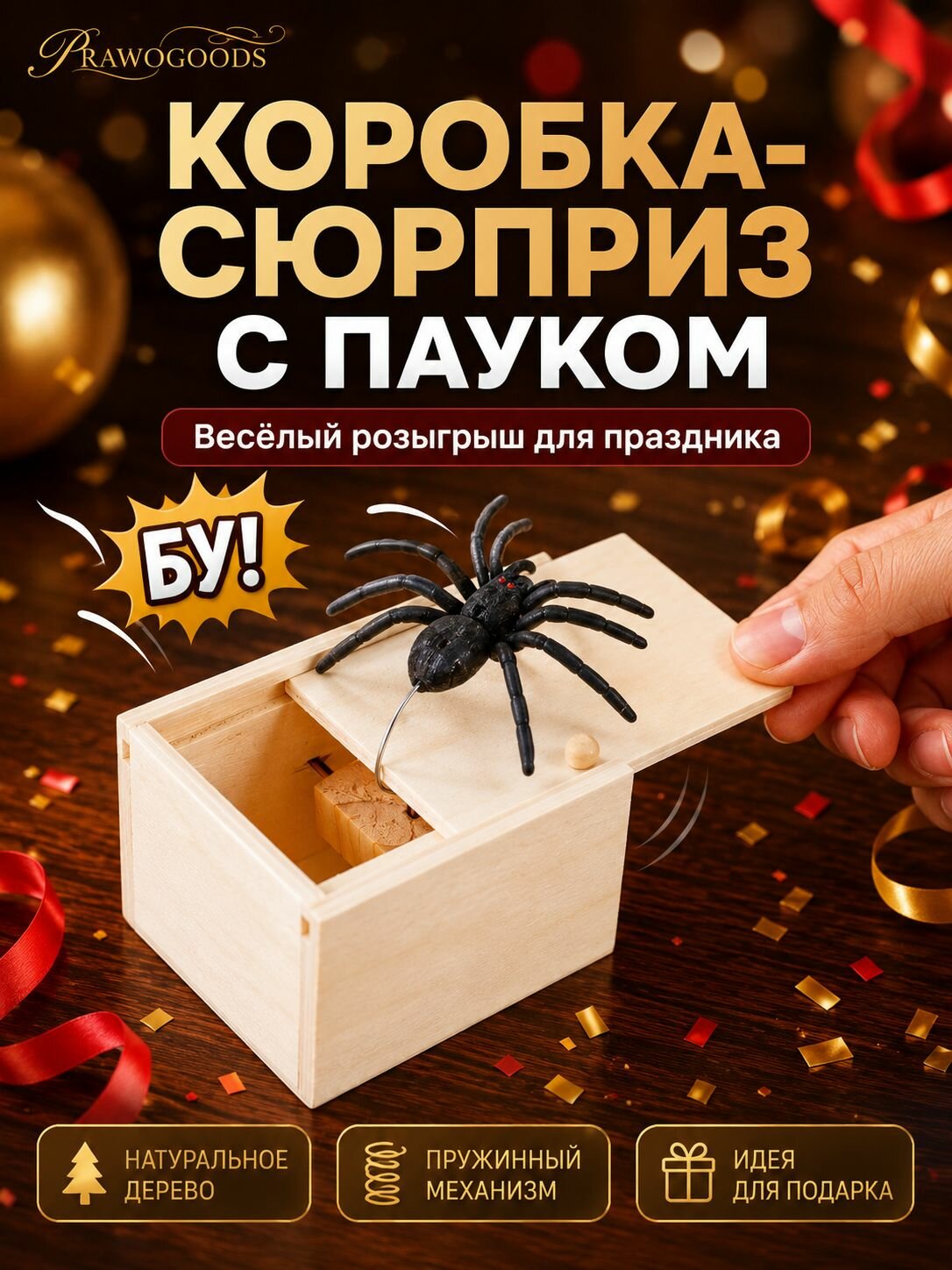 Коробка с пауком для розыгрыша / Коробка-сюрприз с пауком деревянная игрушка для розыгрыша