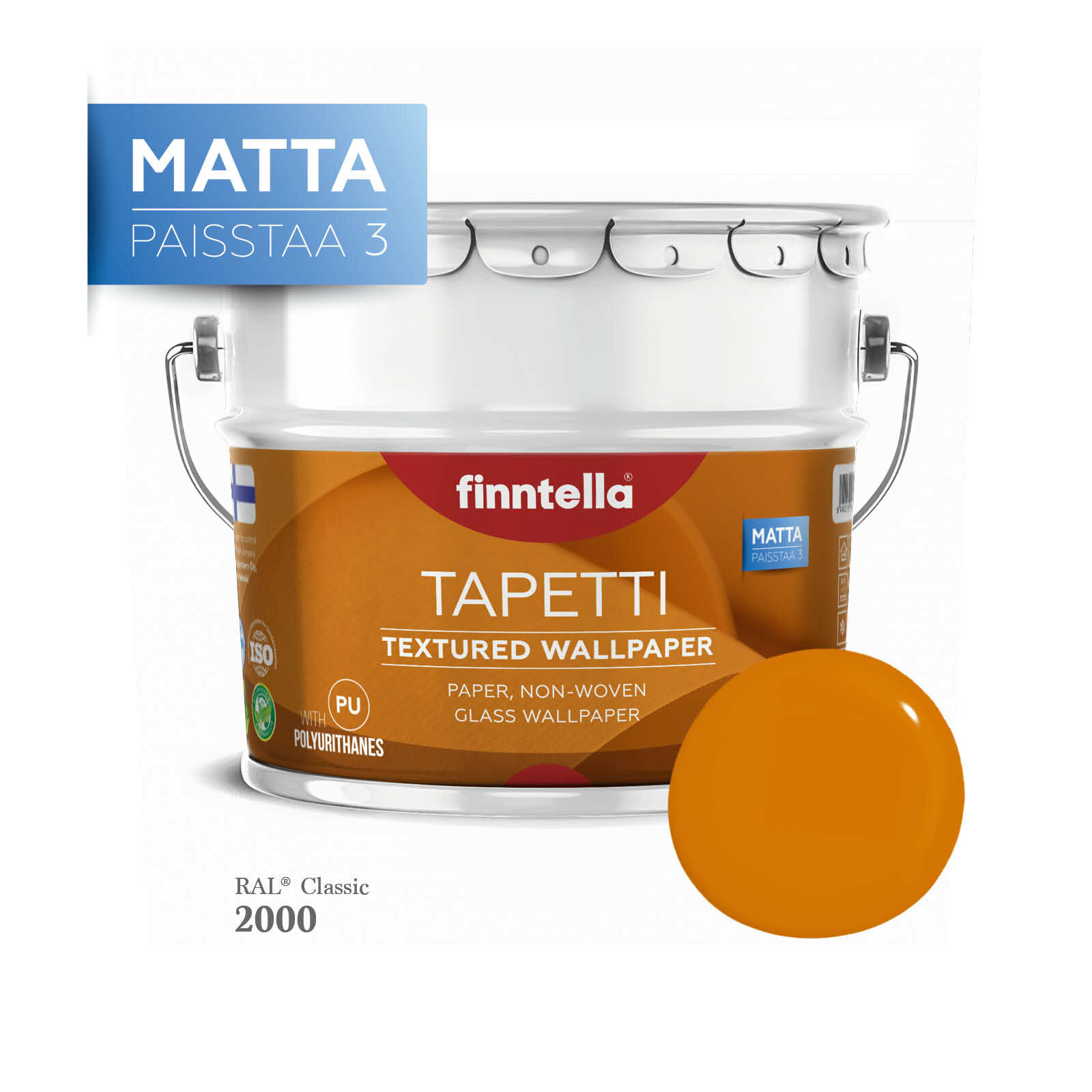 Матовая краска для обоев под окраску TAPETTI Matta FINNTELLA, Цвет RAL 2000 Желто-оранжевый (Yellow orange), 9л