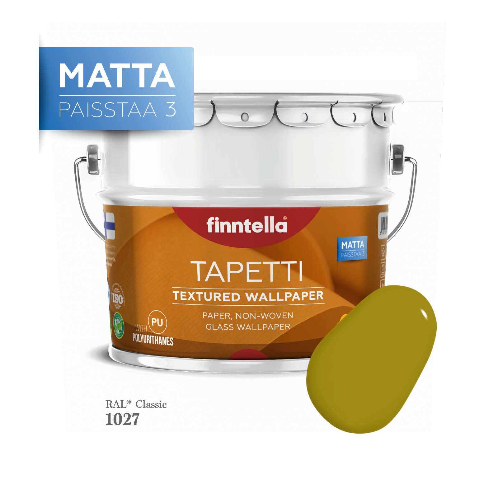 Матовая краска для обоев под окраску TAPETTI Matta FINNTELLA, Цвет RAL 1027 Желтое карри (Curry), 9л