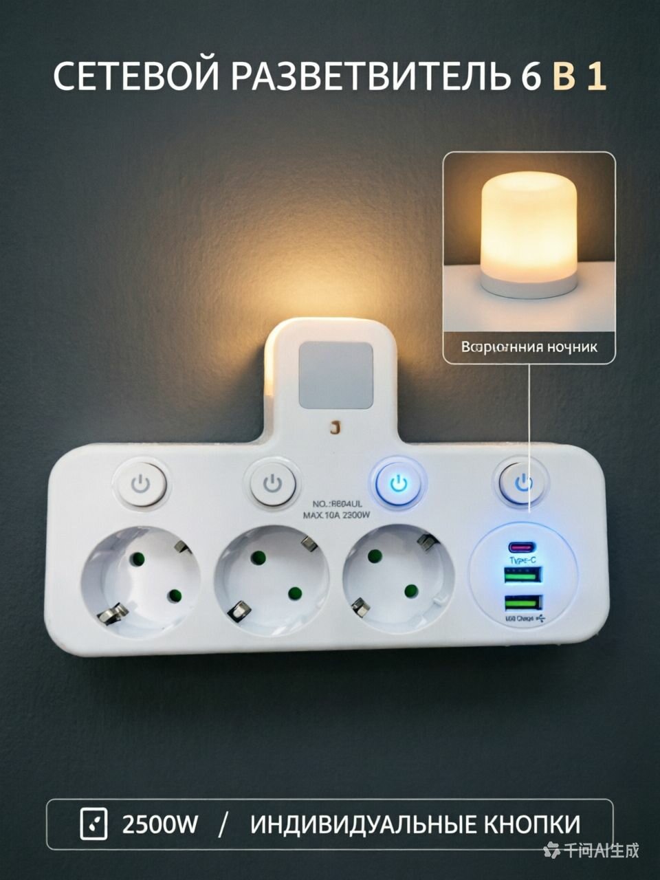 Сетевой разветвитель-тройник 220В с USB и Type-C, 2500W - переходник штепсельный с ночником и независимыми выключателями, адаптер в розетку