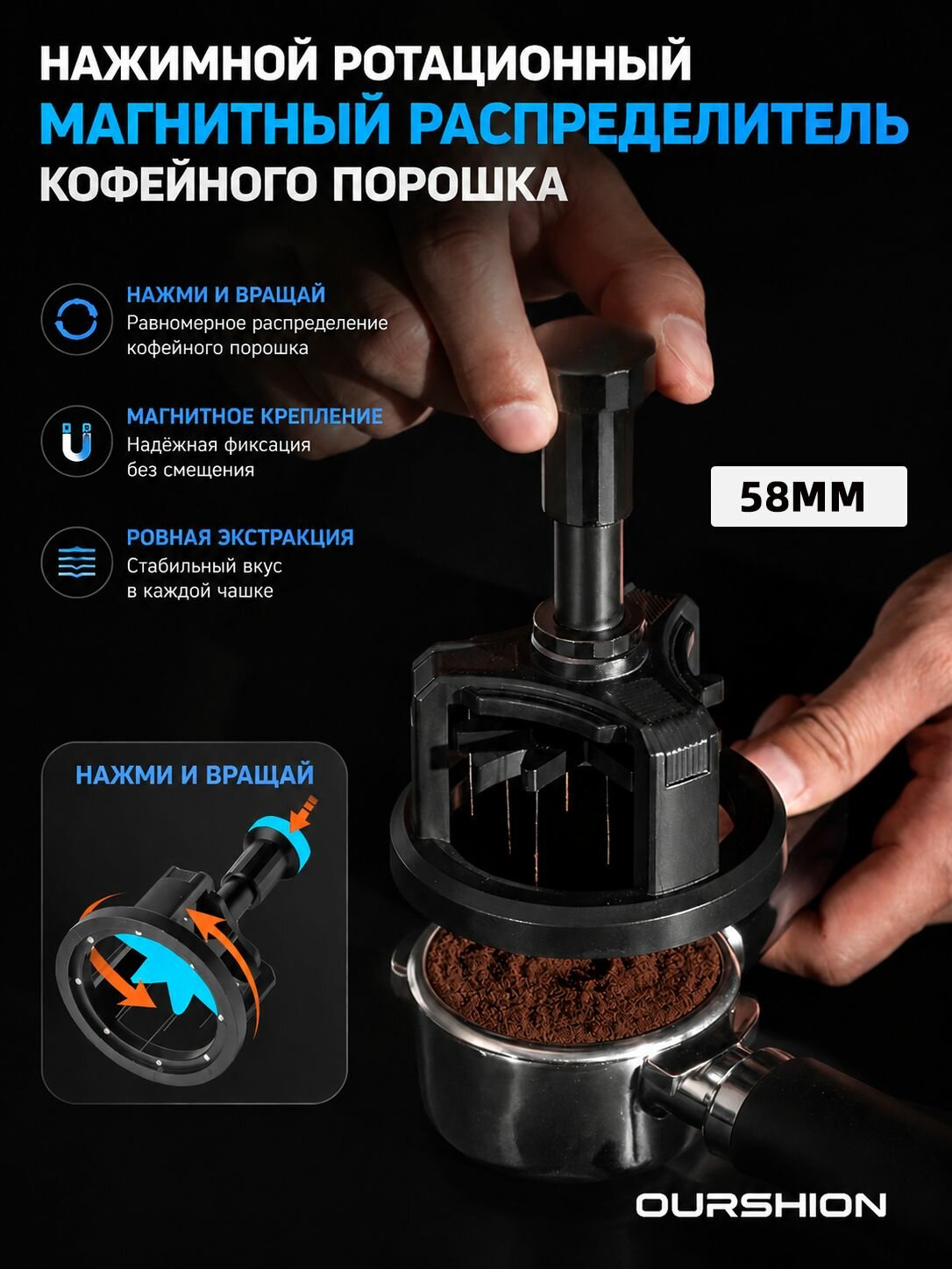 Магнитный распределитель кофейного порошка с вращением для рожка кофемашины