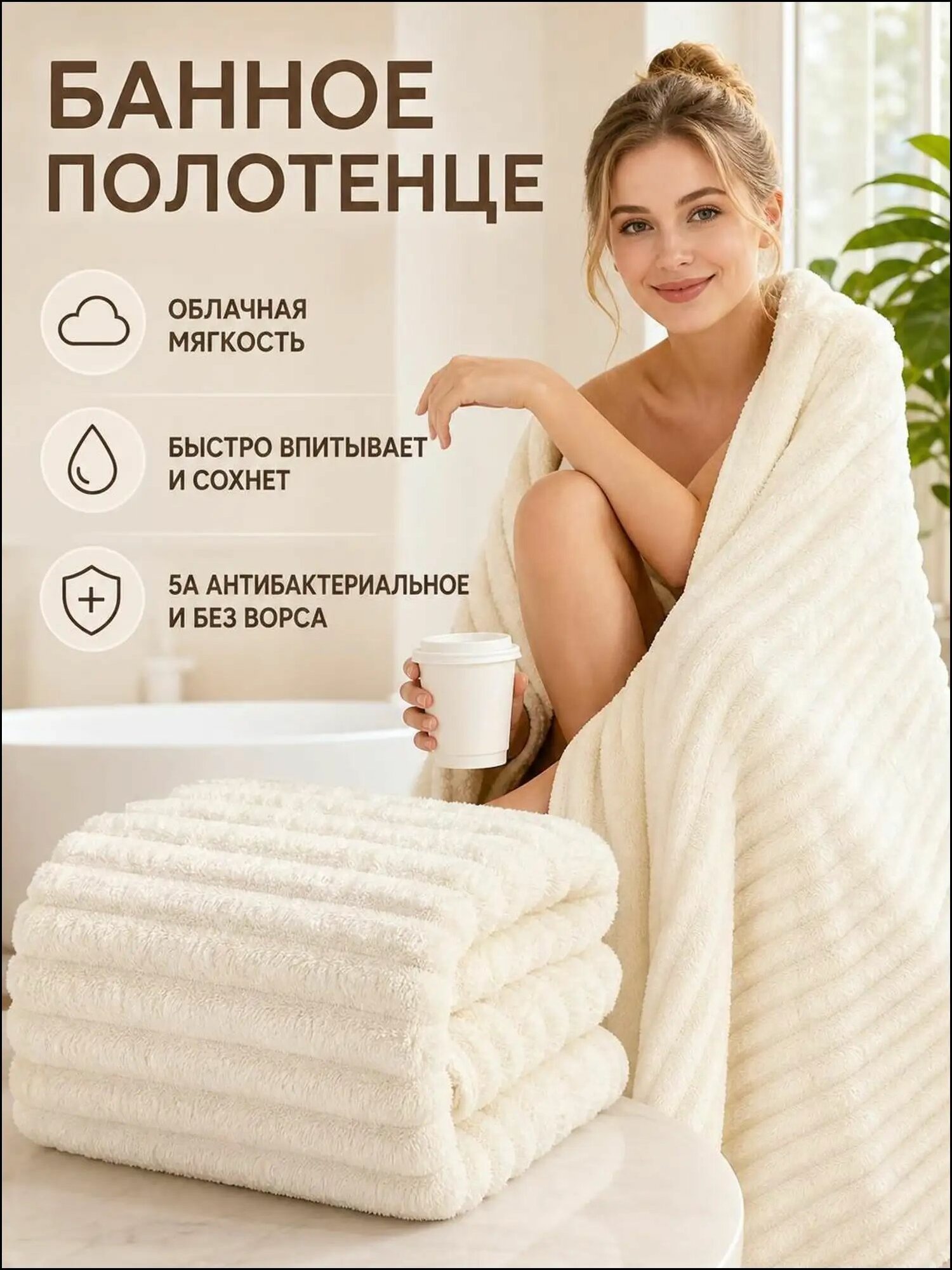 Полотенце банное, корал-флис, бежевый, 1 шт
