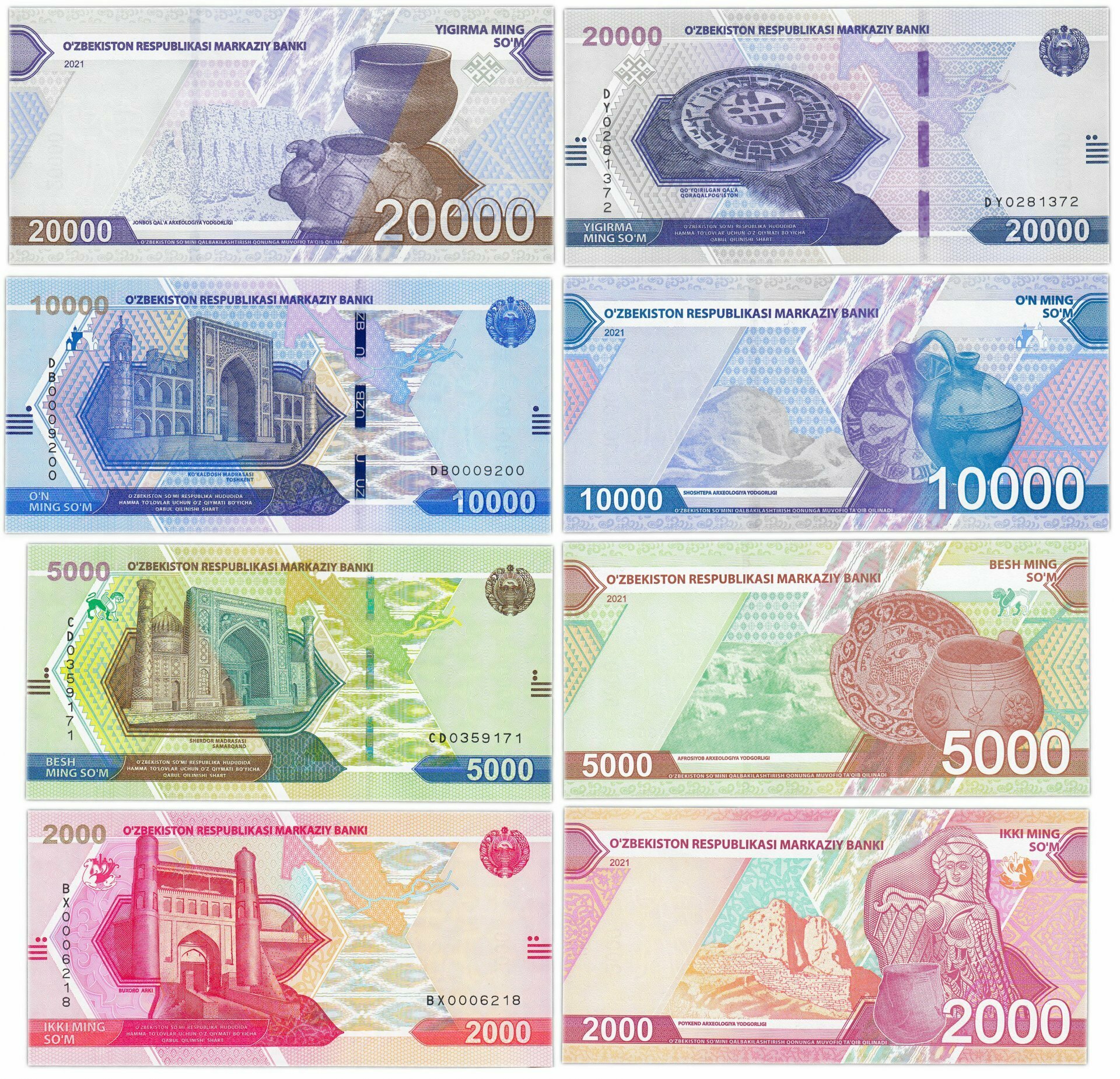 Узбекистан - набор 4 банкноты 2000 + 5000 + 10000 + 20000 сум 2021 Pick new