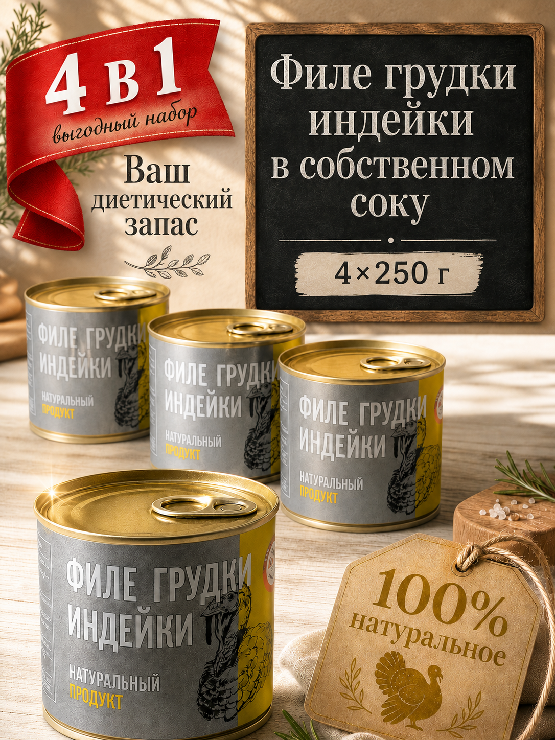 Филе грудки индейки МПК Салют 4 шт по 250 г, консервы из птицы