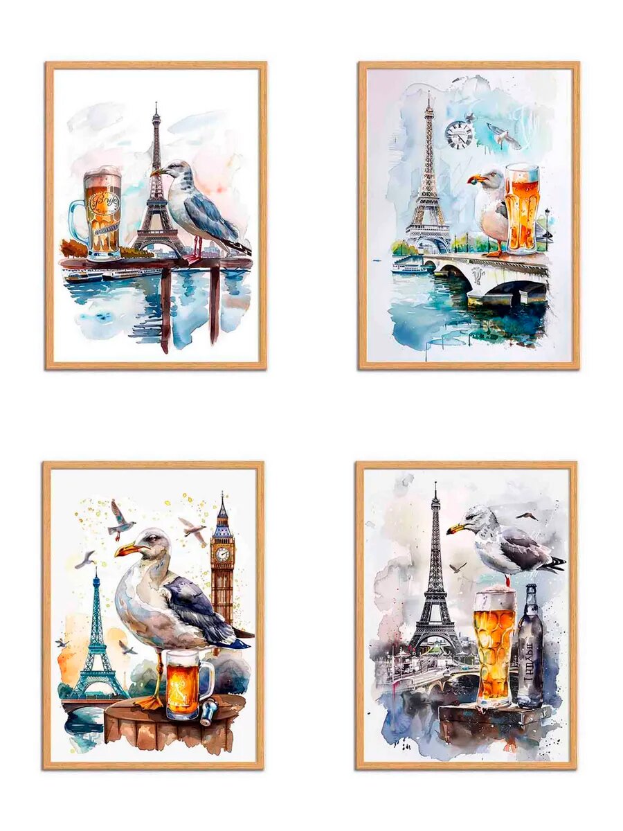 Птица чайка Пьет Пиво, 4 Плаката, 30x21см