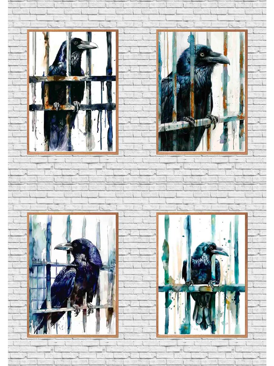 Птица Ворон - преступник в тюрьме, 4 Плаката, 30x21см