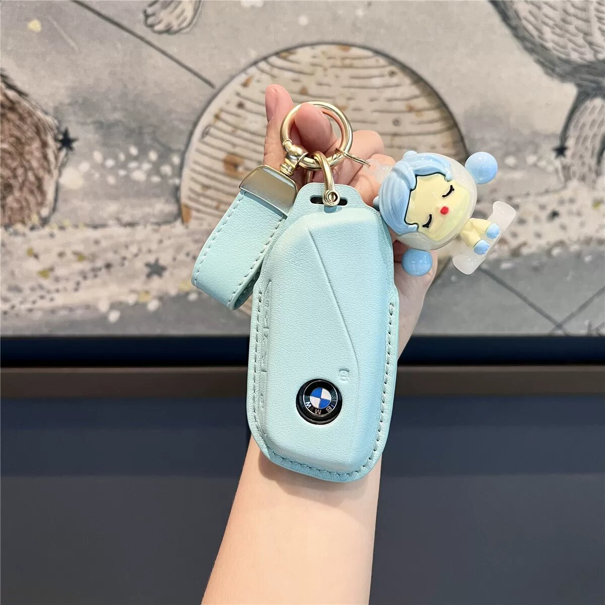 Сине-голубой BMW ключевой кейс с золотой пряжкой коротким шнуром и синим пандой для ключей