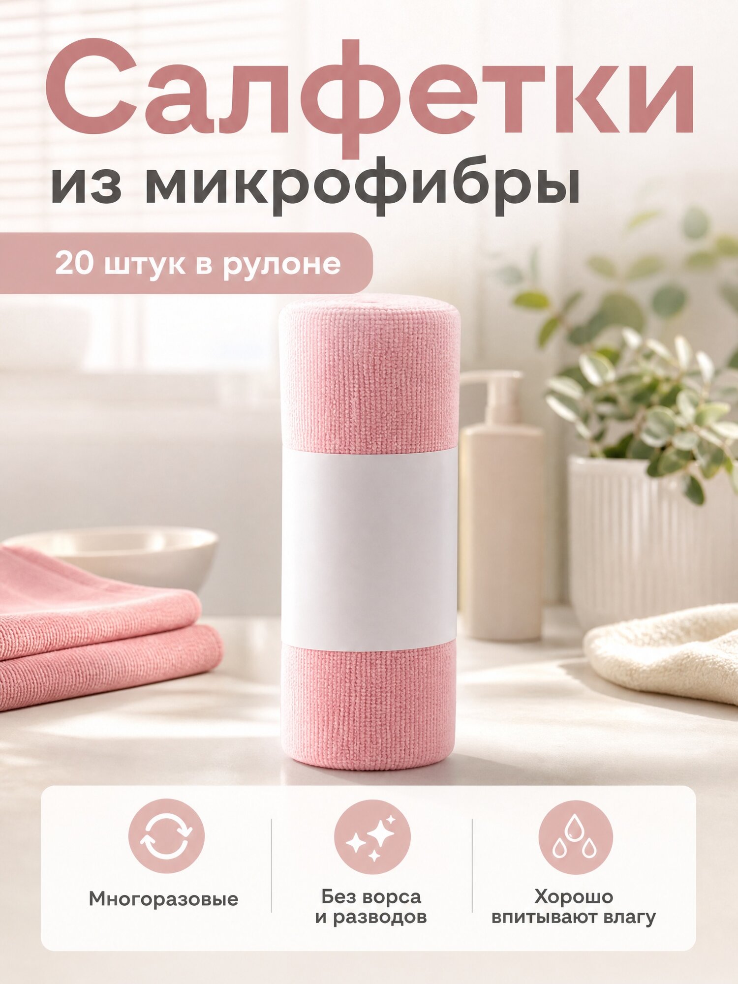 Салфетки из микрофибры 25х25, серые, в рулоне 25 шт, для уборки