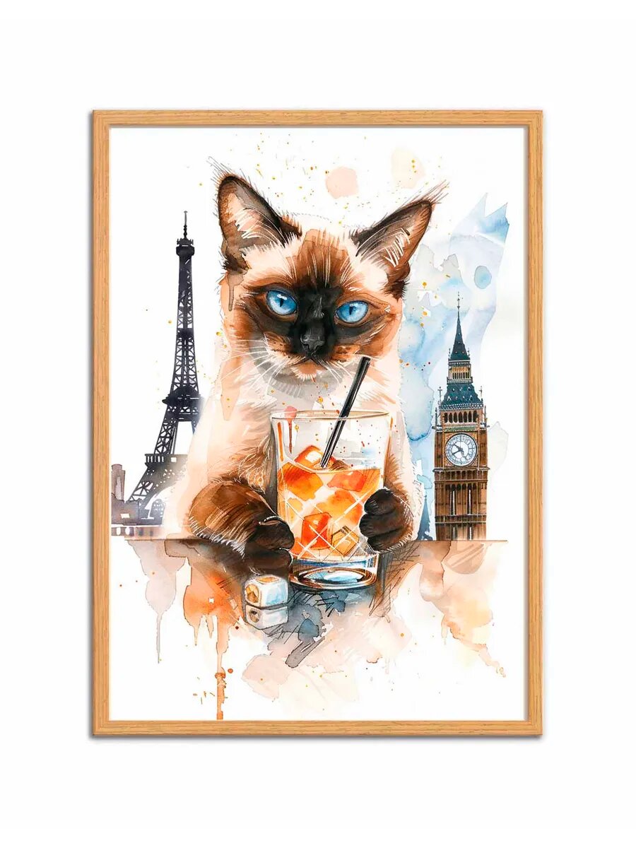 Бирманский кот пьет виски 5, Плакат 30x42см