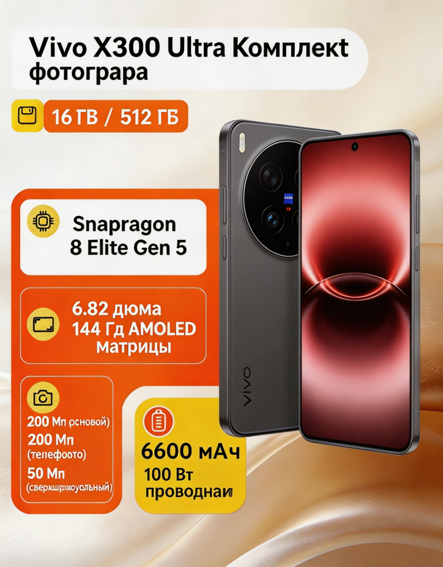 Смартфон vivo X300 Ultra Ростест (EAC) 5G, 16/512 ГБ, чёрный, Photographer-набор, мощная батарея