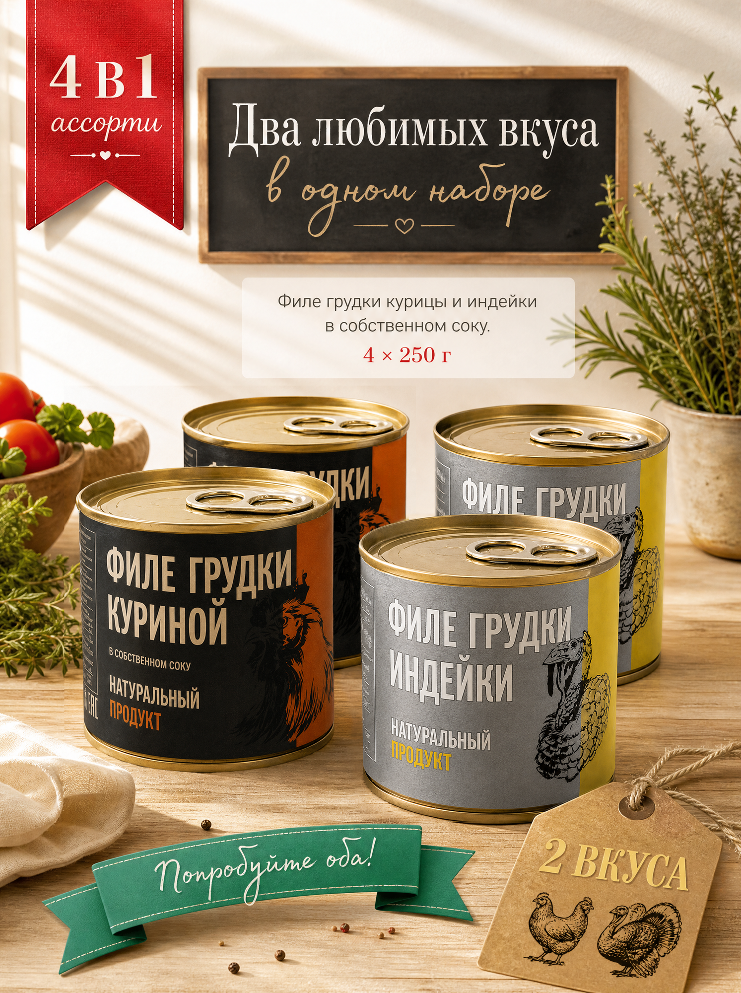Консервы филе грудки куриной и грудки индейки, натуральное, в собственном соку, 4 шт по 250, по ГОСТ