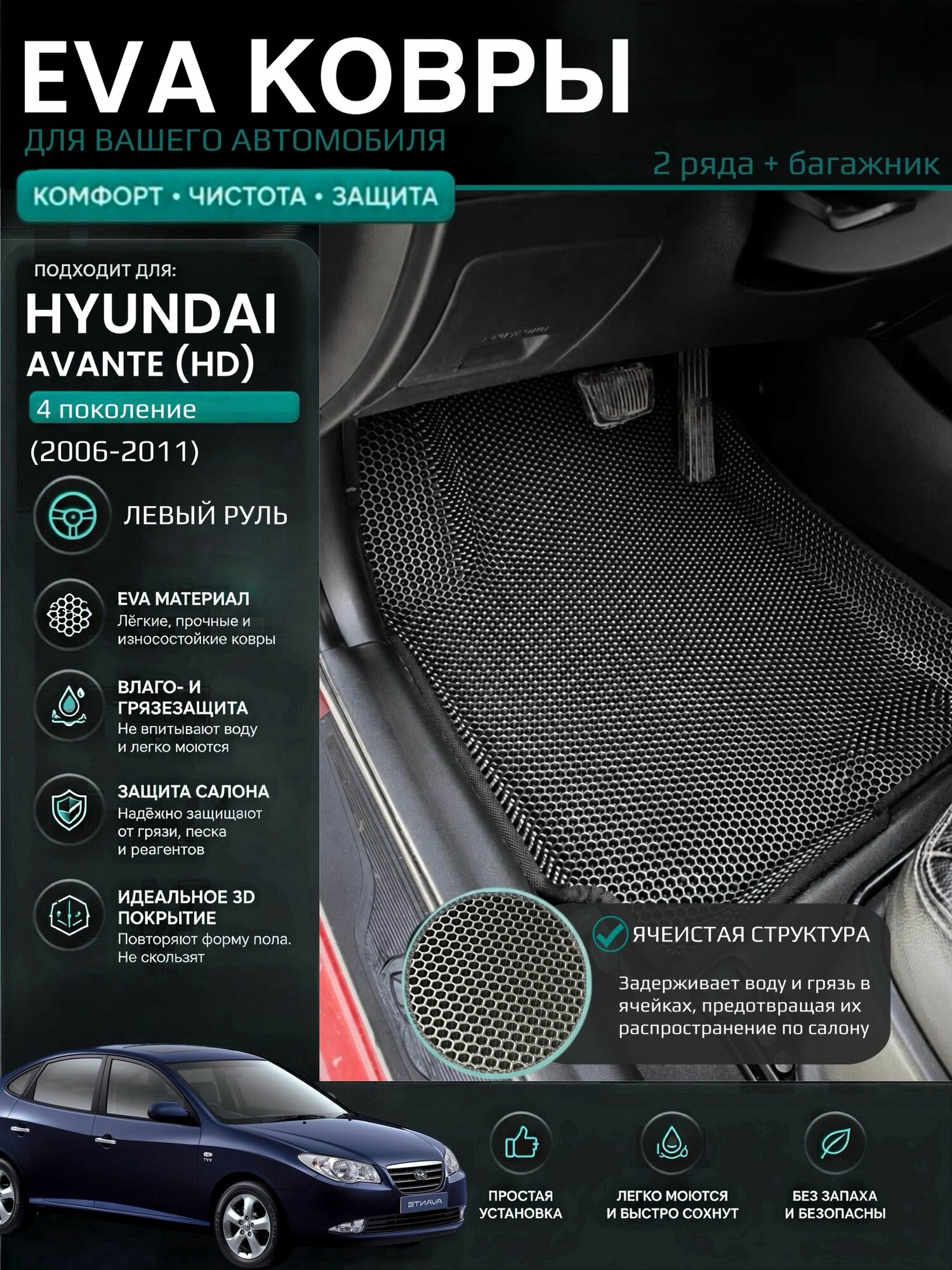 Eva ковры с бортами Hyundai Avante IV (HD) (2006-2011) Левый руль / Хендай Аванте 4 поколения 3D Эва Ева