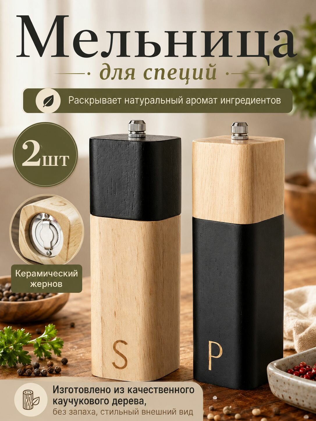 Мельница для специй ручная, набор 2 шт, регулировка помола для соли и перца, керамические жернова