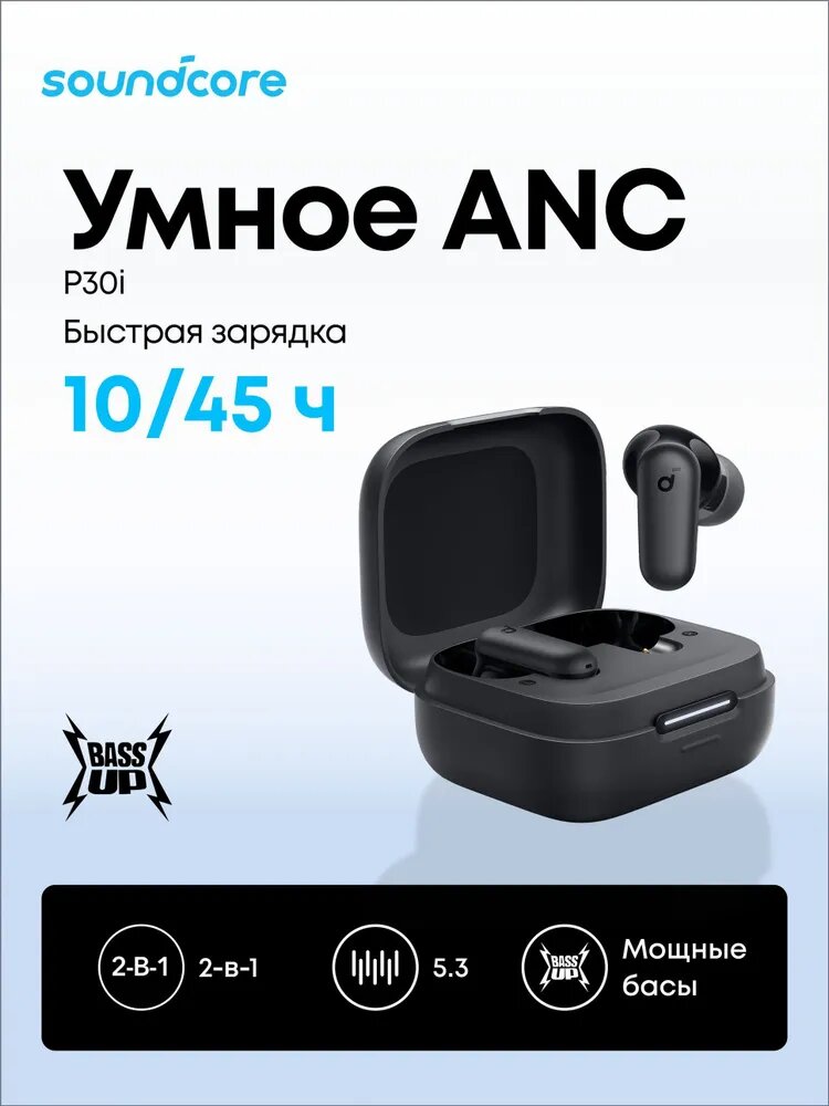 Soundcore Наушники беспроводные с микрофоном Anker Soundcore P30i, Bluetooth, USB Type-C, черный