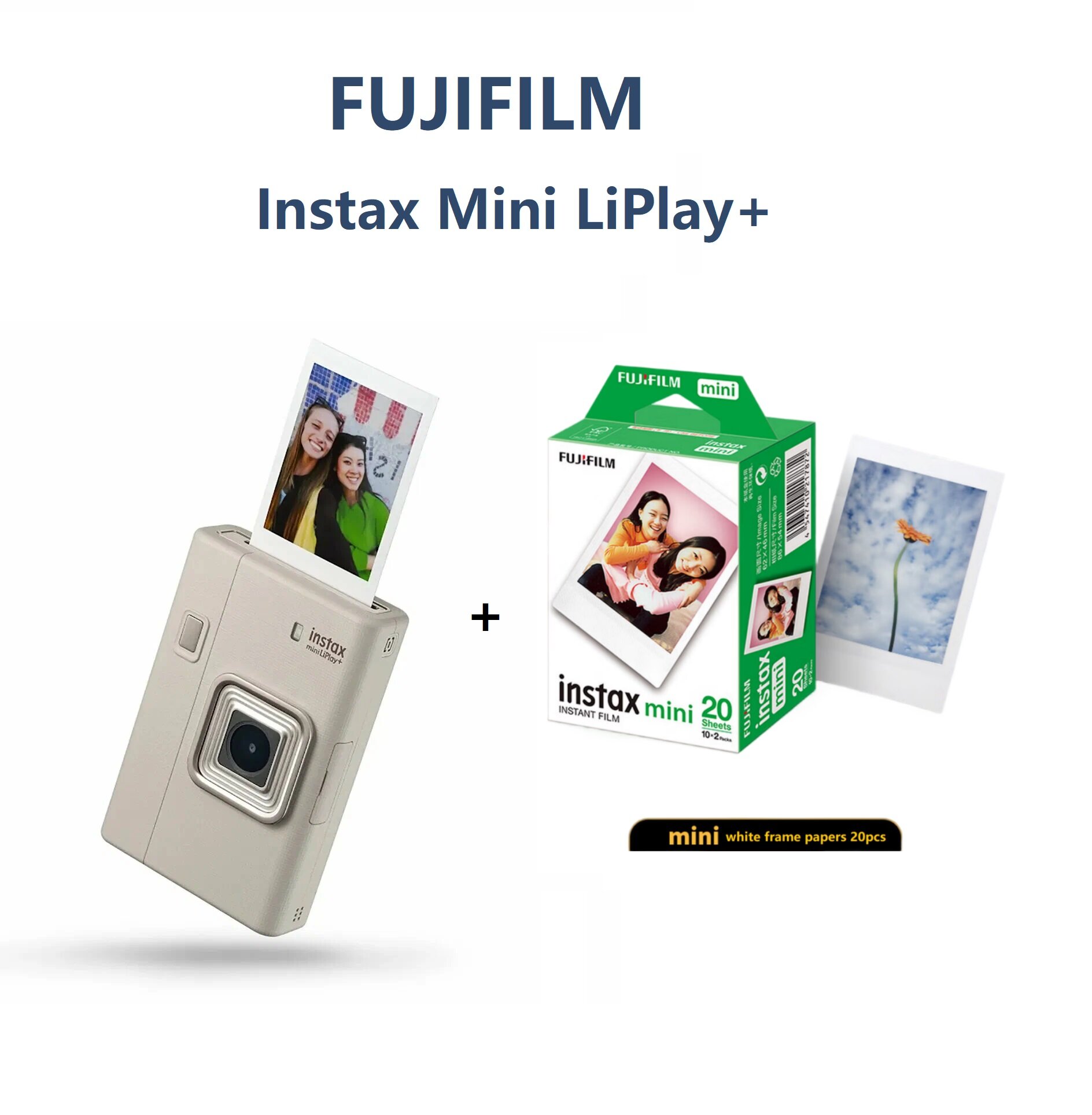 Фотокамера мгновенной печати Instax Mini LiPlay+, и 20шт фотобумаги (белая), время печати изображения 13 секунд, бежевый