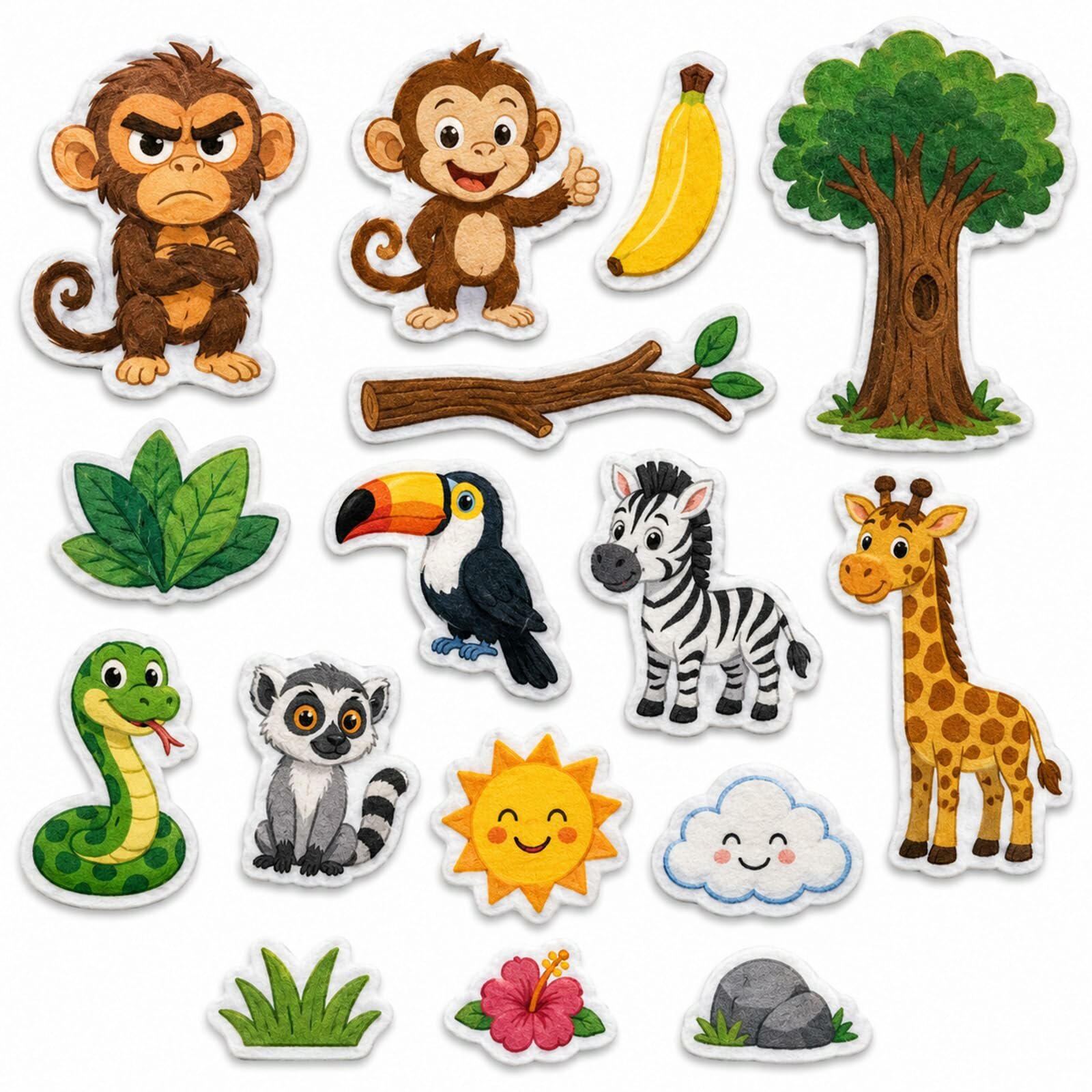 Набор рассказов из фетра Grumpy Monkey, плоские кусочки фетра с точками на крючках и петлях. Детали раскадровки с животными джунглей для фетровой доски. Доска с историями не входит в комплект.