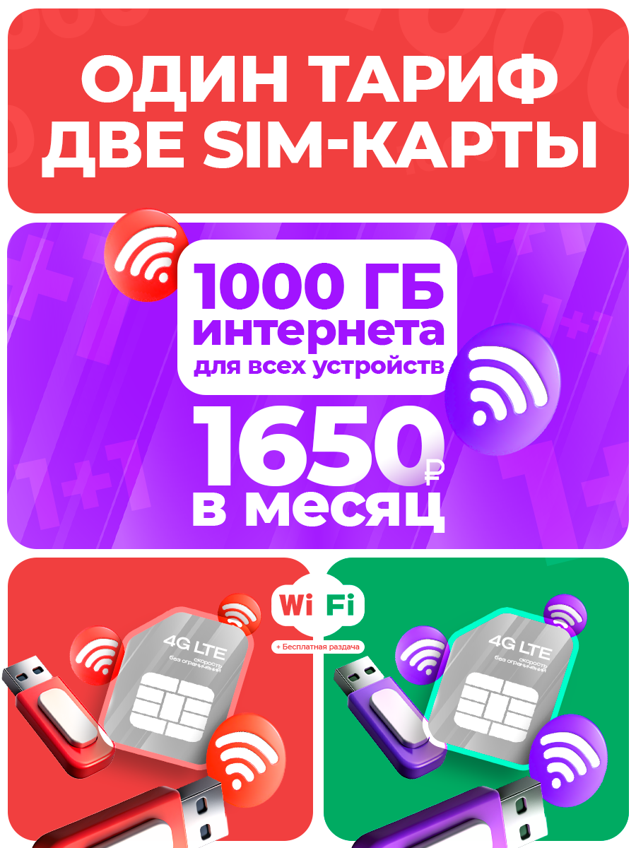 Сим-карта 1000ГБ интернета для любых устройств в сетях МТС и МегаФон