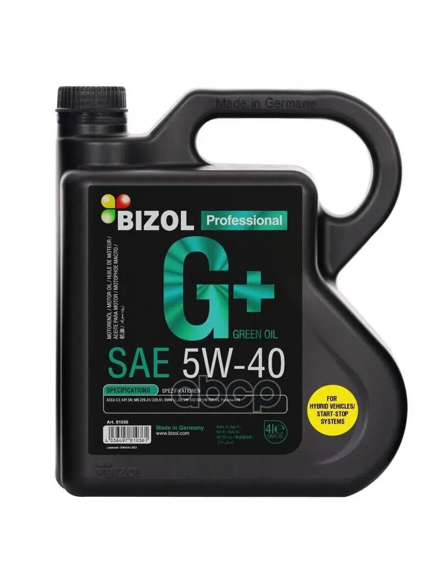 BIZOL 5W40 Bizol 4Л Нс-Синтетика Green Oil+ Acea C3/Api Sn