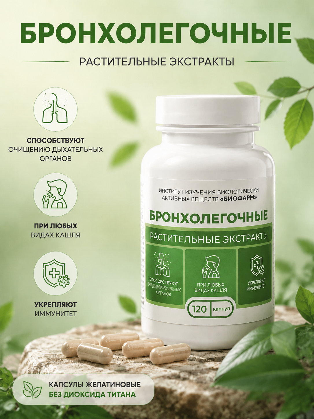 Бронхолегочный сбор Института изучения БАВ биофарм "Бронхолегочный", от кашля, натуральный состав, 120 капс.