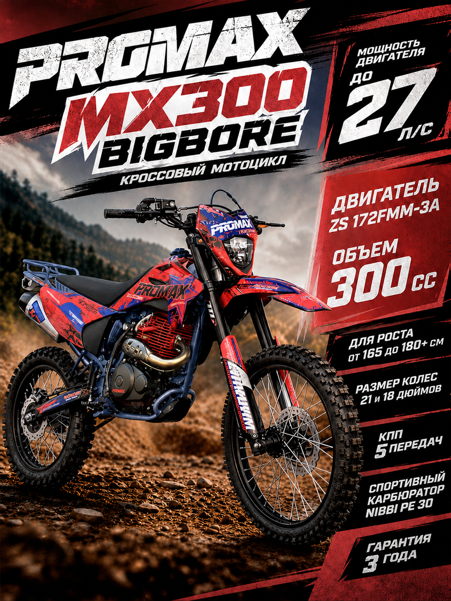 Мотоцикл Эндуро Кроссовый PROMAX MX300 BigBore / 300 кубов (300сс)
