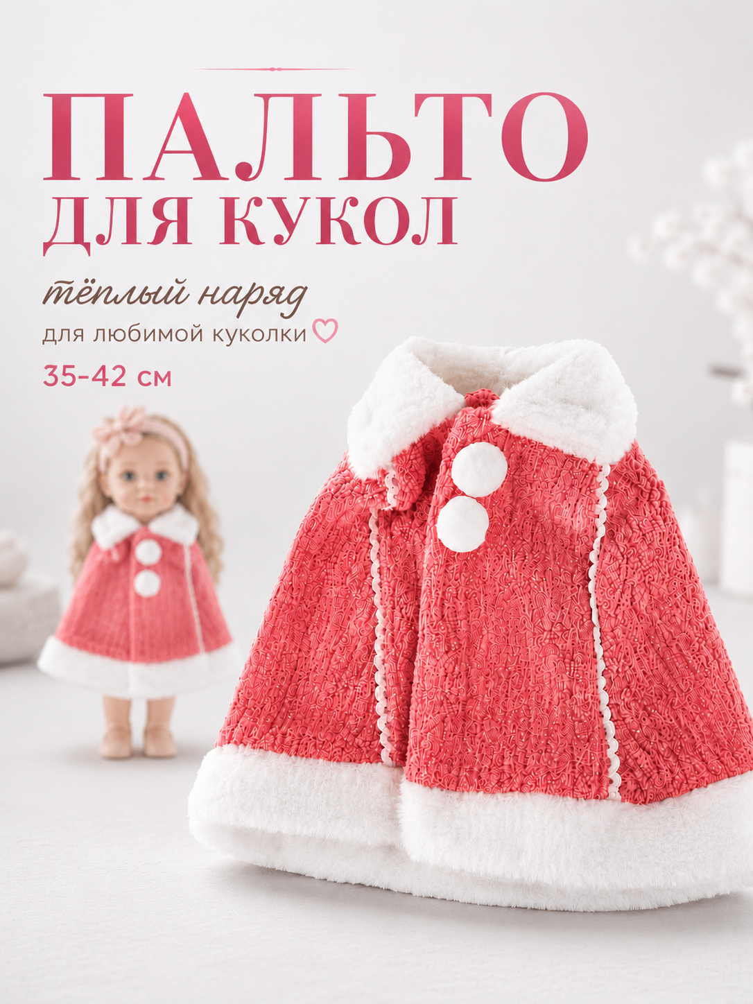Верхняя одежда для кукол пупса ростом 35 - 42 см, розовая накидка с мехом