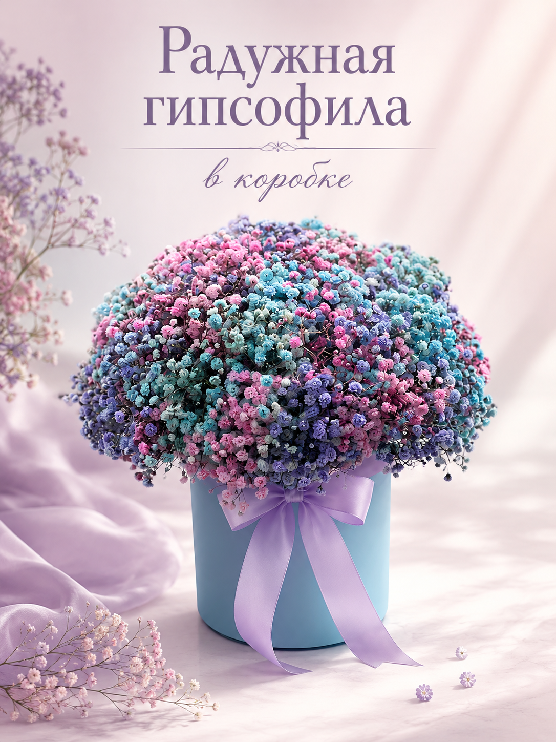 Радужная гипсофила в коробке, подарок на праздник, день рождение, свидание