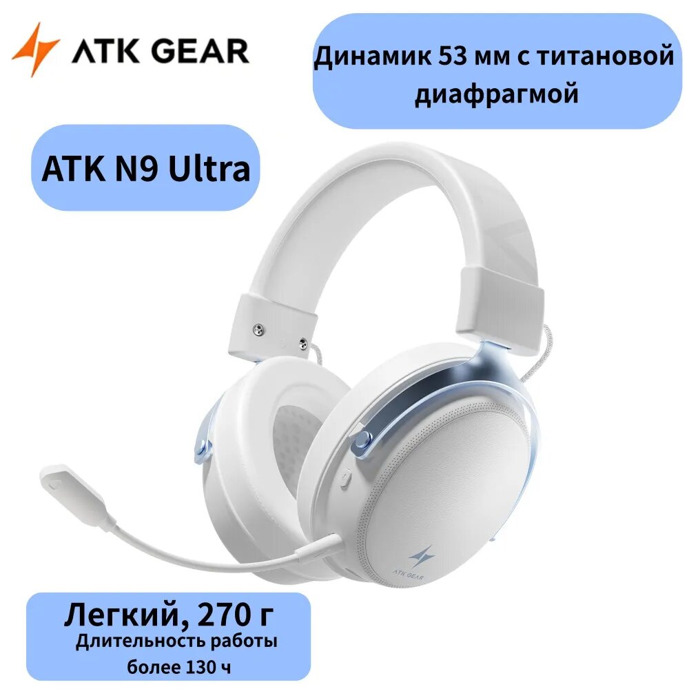 ATKGEAR Наушники с микрофоном N9 ultra, Bluetooth, USB Type-C, голубой, белый