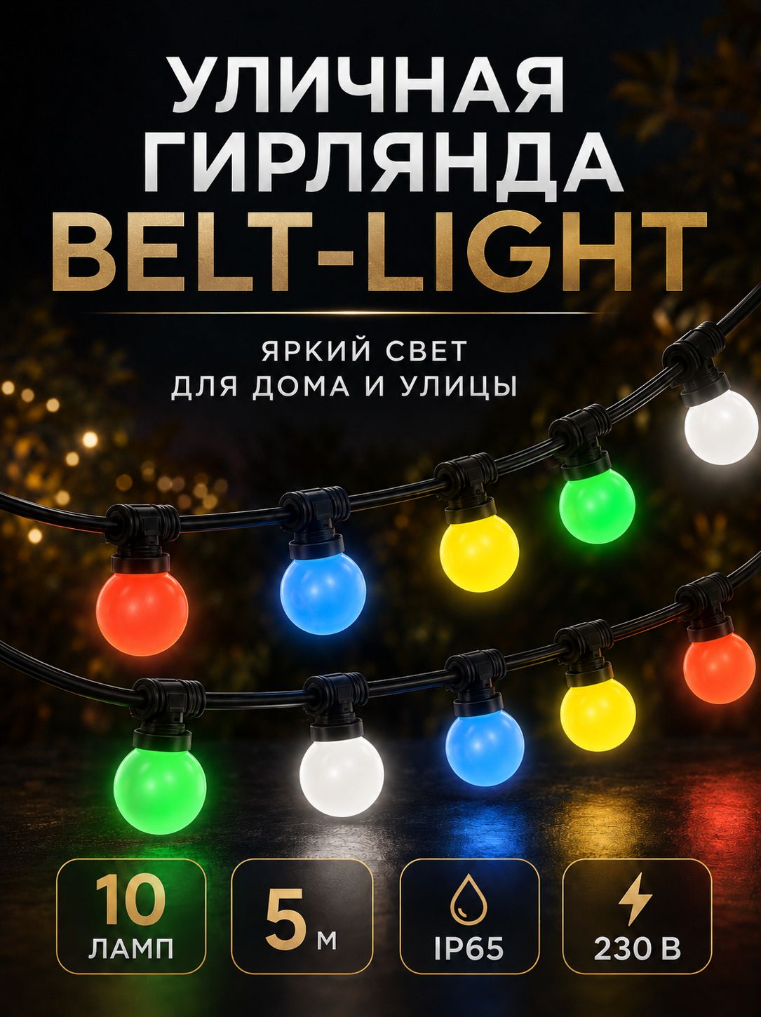 Уличная гирлянда белт-лайт 5 метров с лампочками разноцветная IP65 IEK LIGHTING
