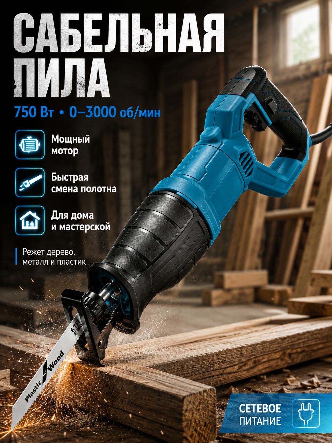 Сабельная пила MODENGO D0063 750Вт, электрическая ножовка 220В 0-3000 об/мин, ручная пила по дереву и металлу, универсальный инструмент для дома, дачи и ремонта