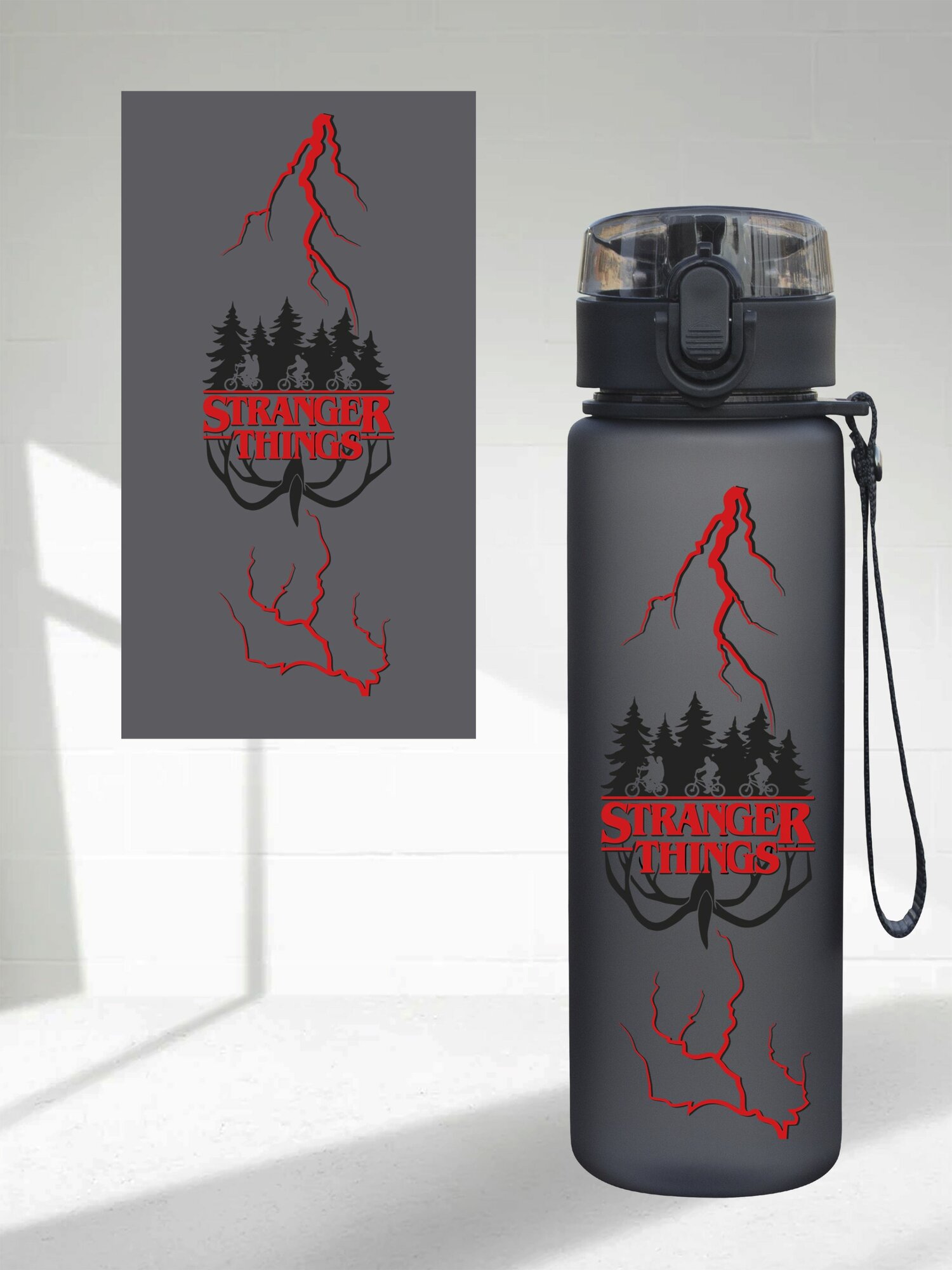 Бутылка для воды ОСД (Очень Странные Дела / Stranger Things), 500 мл, спортивная, черная