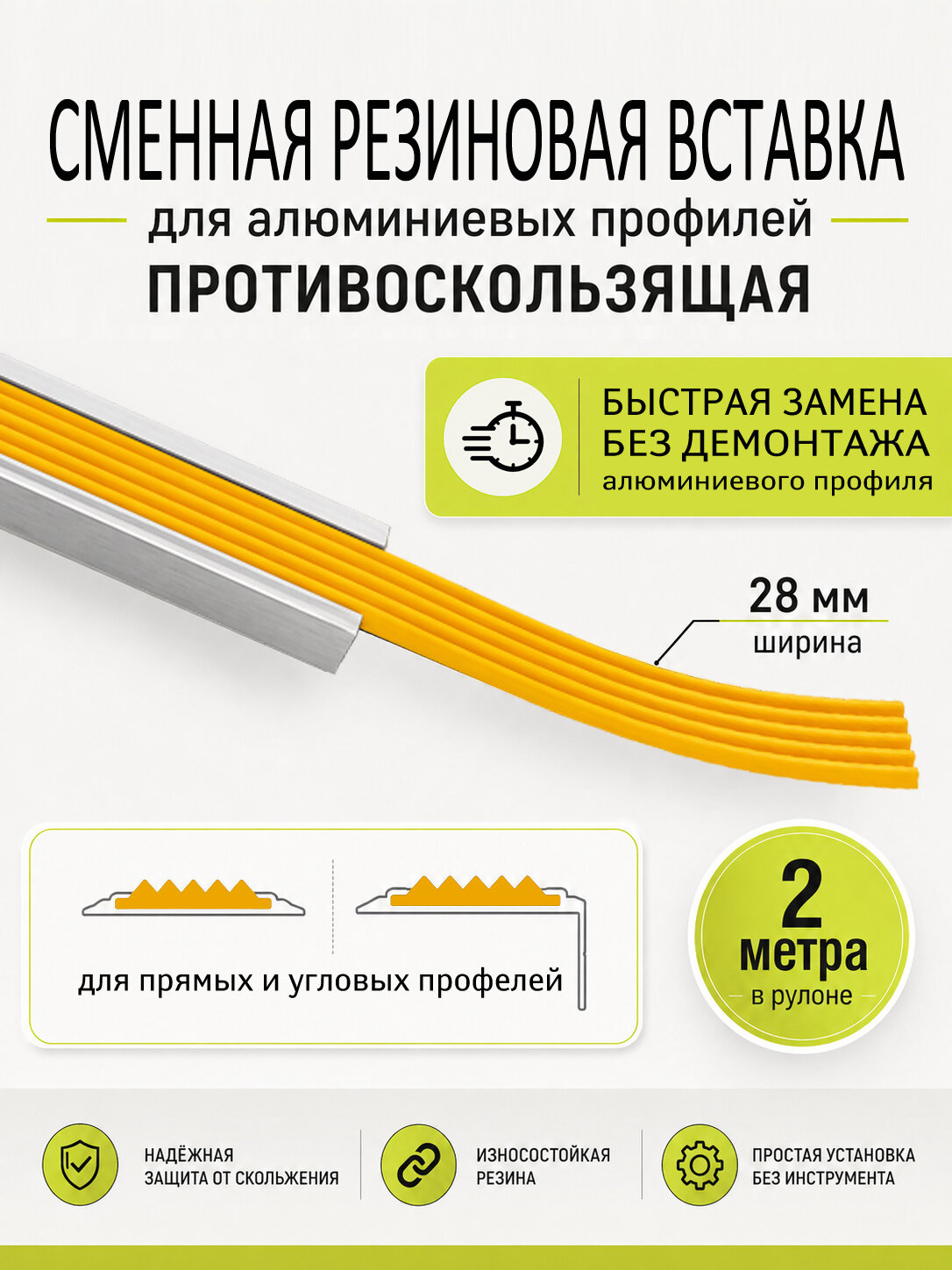 Сменная противоскользящая резиновая вставка 28 мм, для алюминиевого профиля, 2 м, желтая