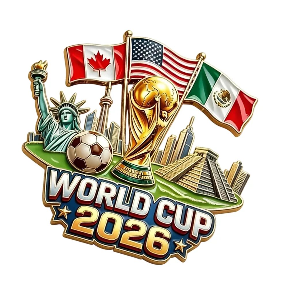Значок турнира 2026 года с флагами и достопримечательностями для коллекционеров футбола