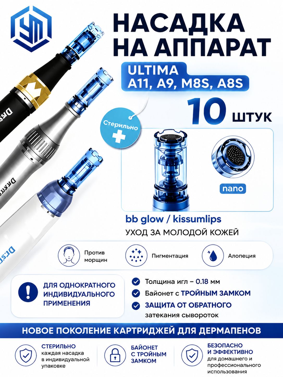 Картридж нано иглы для дермапен, мезопен, насадка для косметологического аппарата А11/A9/А8s/M8s, 10 шт.