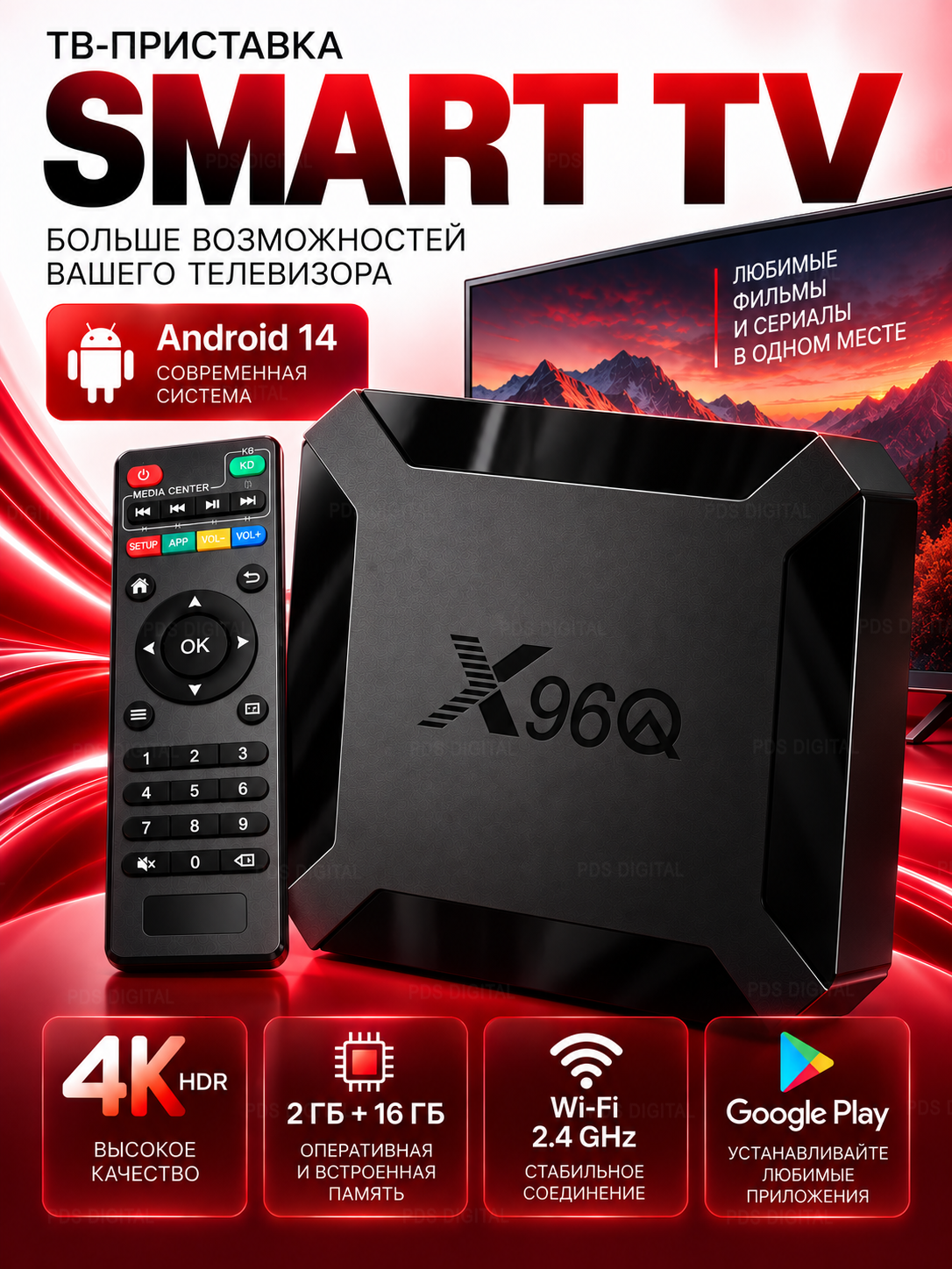 Смарт ТВ-приставка X96Q для телевизора, Android 14, 2/16 ГБ, 4K HDR, Wi-Fi 2.4 ГГц, HDMI, LAN