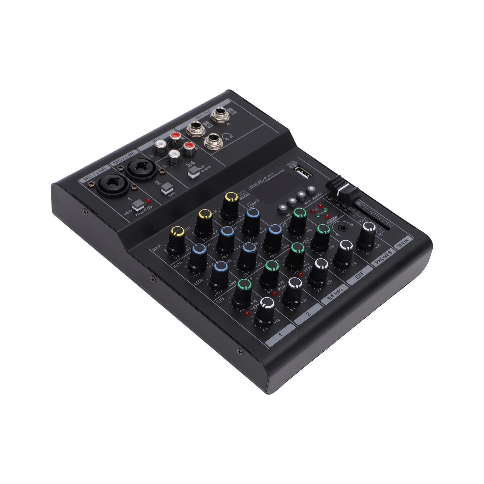 4-канальный мини-звуковой микшер DJ-микшерный пульт с BT MP3 USB фантомным питанием 48 В Встроенный гитарный усилитель для караоке Домашняя студия записи Прямая трансляция