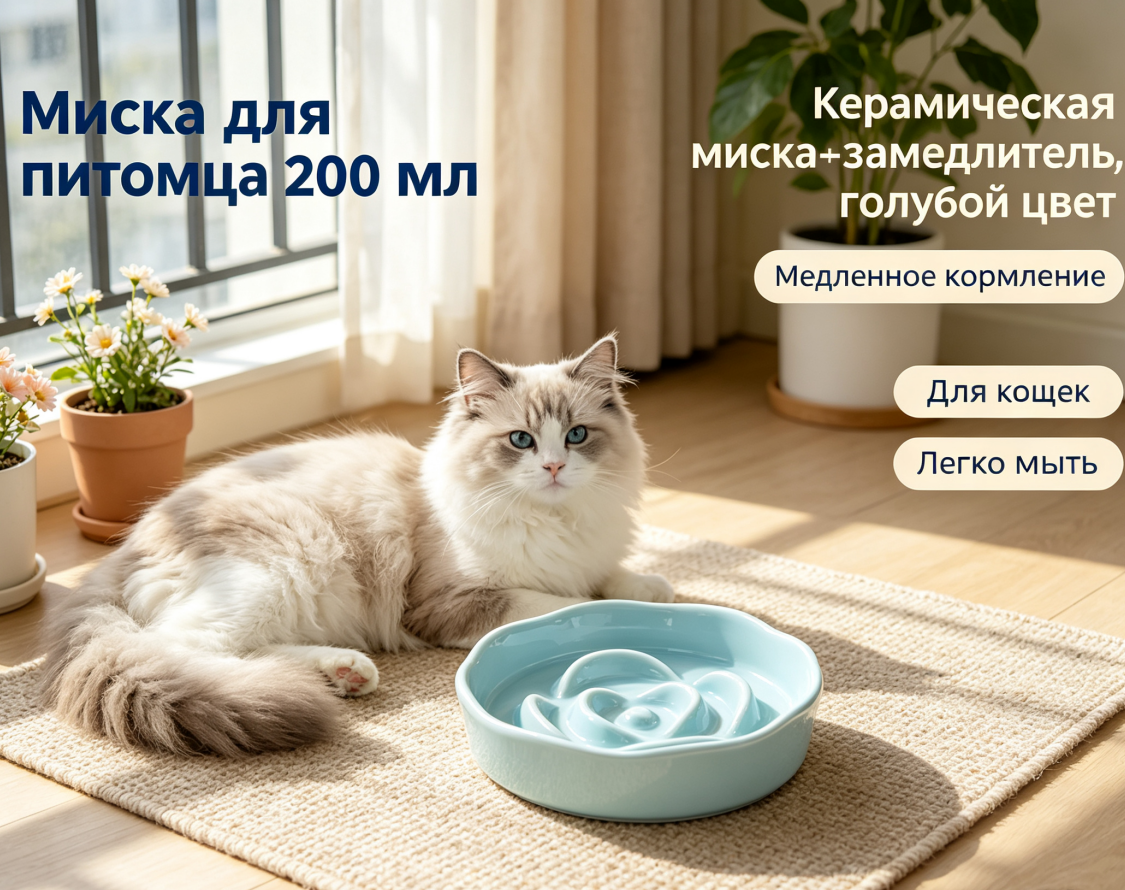 Керамическая миска‑замедлитель для питомцев 200 мл, цветочная форма, антизахлёбывающая миска для кошек и маленьких