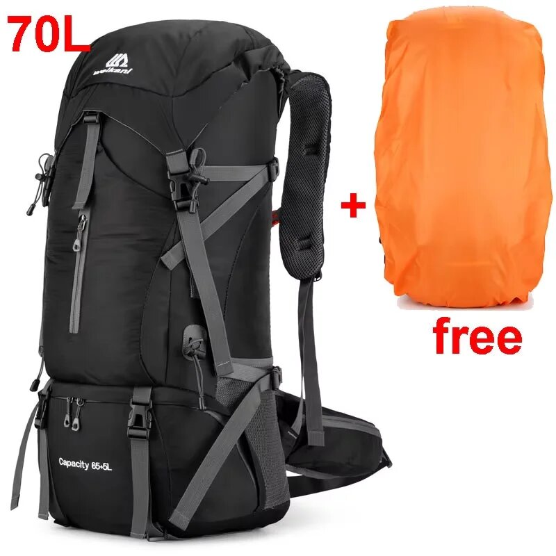 WEIKANI 70L Нейлоновый Рюкзак для Туризма с Дождевиком Черный, Black