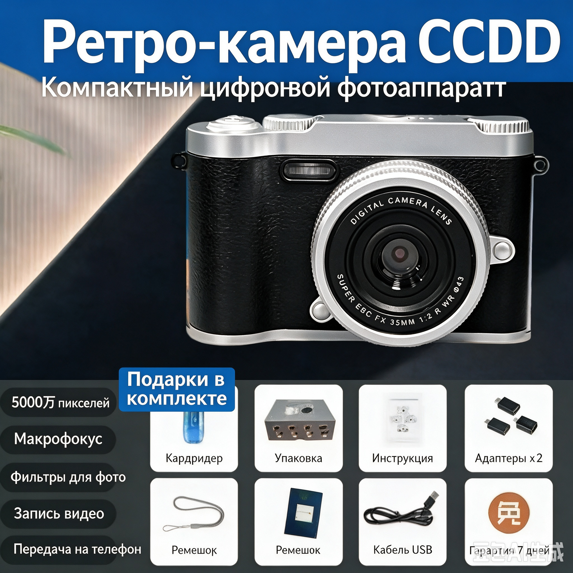 Винтажная цифровая камера CCD (H6) — 50 Мп, передняя и задняя камера, 8-кратный зум, вспышка, 64 ГБ карта памяти