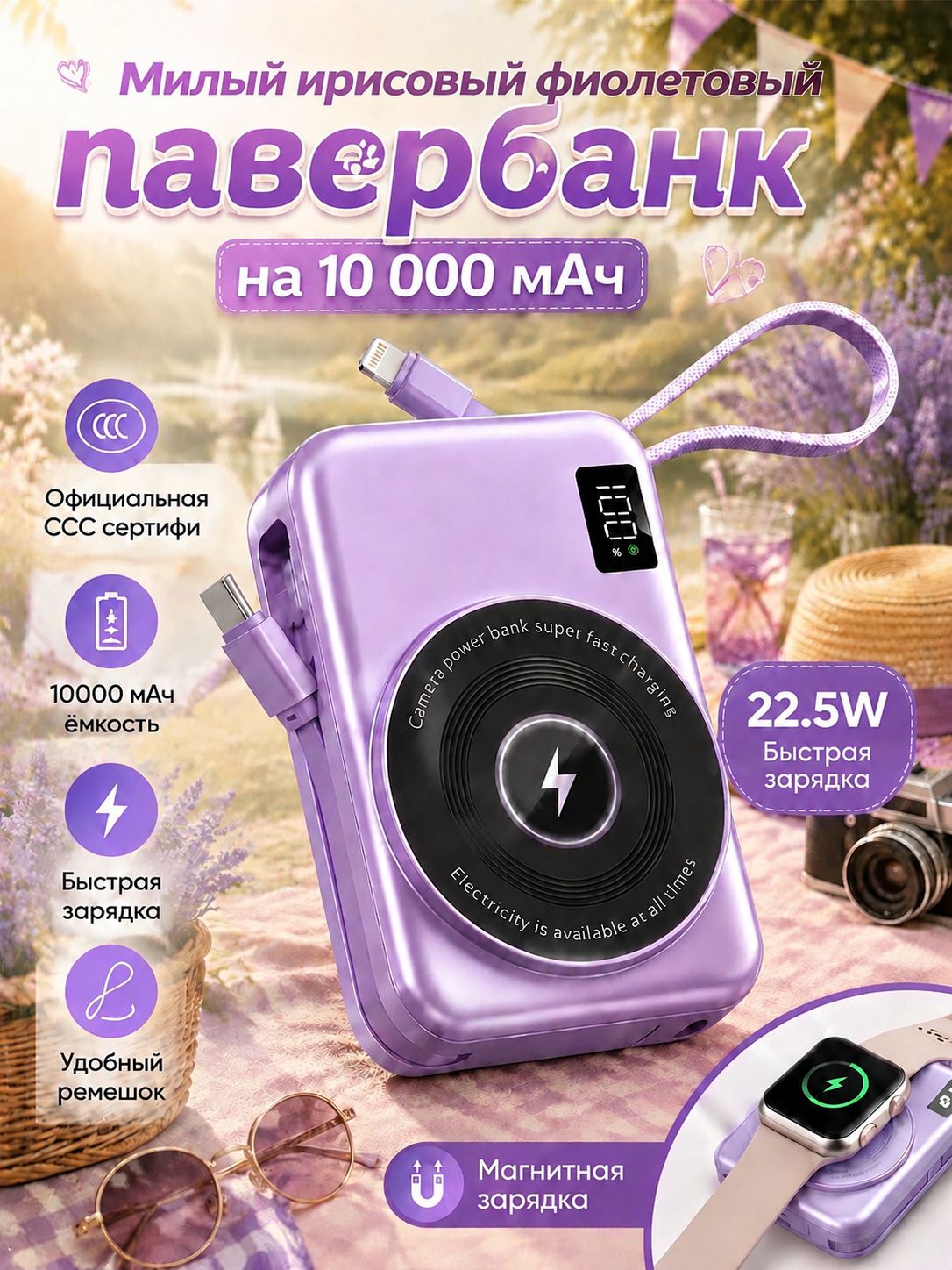 CCC Магнитный внешний аккумулятор 10000 мАч 22.5W, повербанк с беспроводной зарядкой MagSafe, компактный