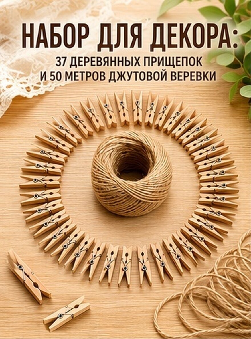 37 Шт Прищепки Из Натурального Дерева Для Фотографий С Веревкой Из Джута Мини Прищепки Многофункциональные 37 Pcs
