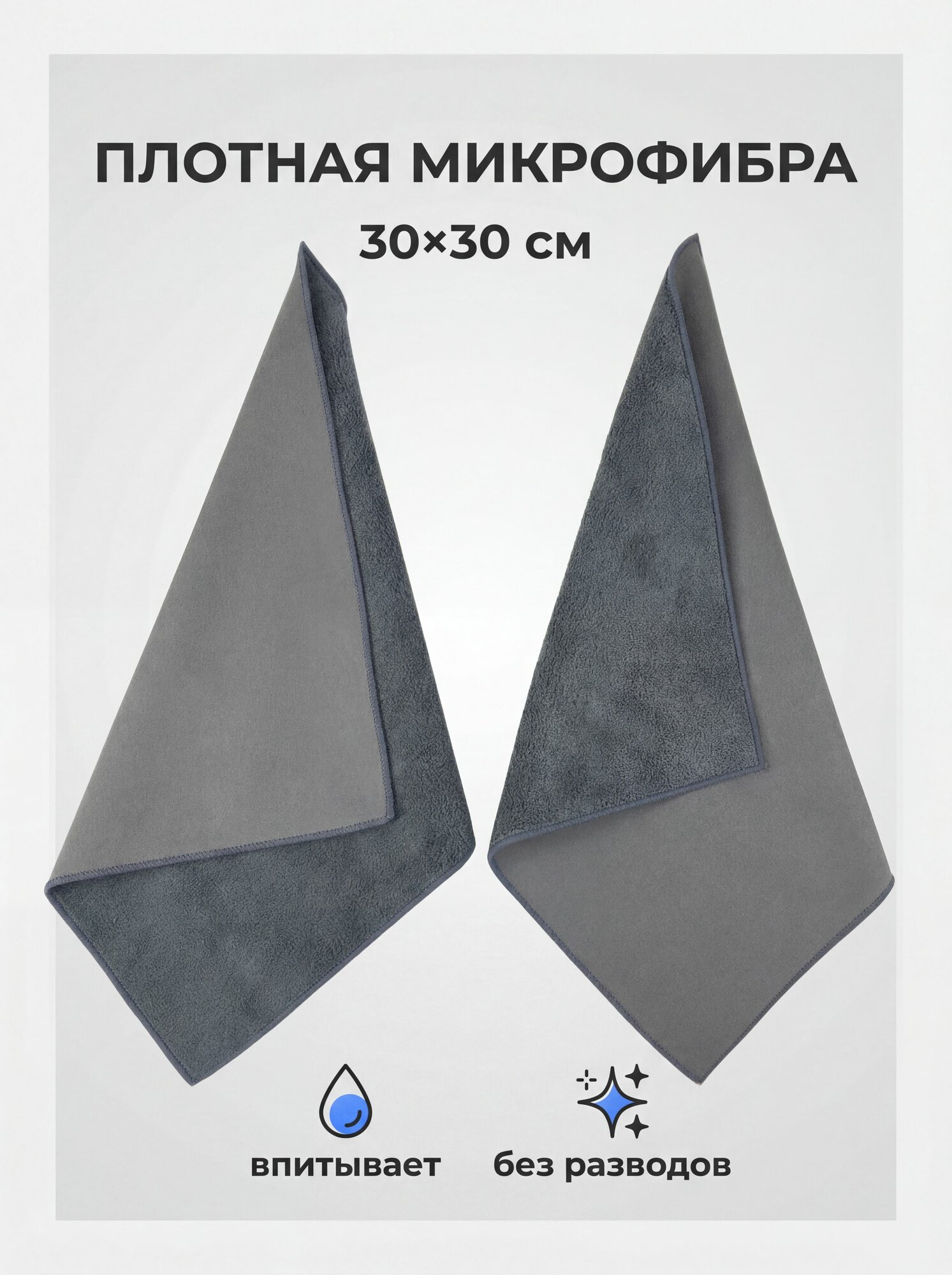 Салфетка из микрофибры для уборки 30х30 см, двусторонняя, для стекол и авто, серая, 1 шт