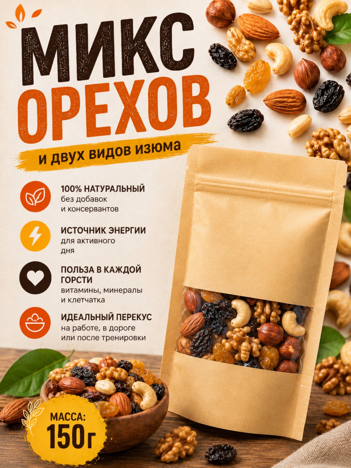 Смесь орехов. Микс ореховый (изюм светлый, изюм темный, кешью, миндаль, арахис, фундук, грецкие орех) 150 гр.