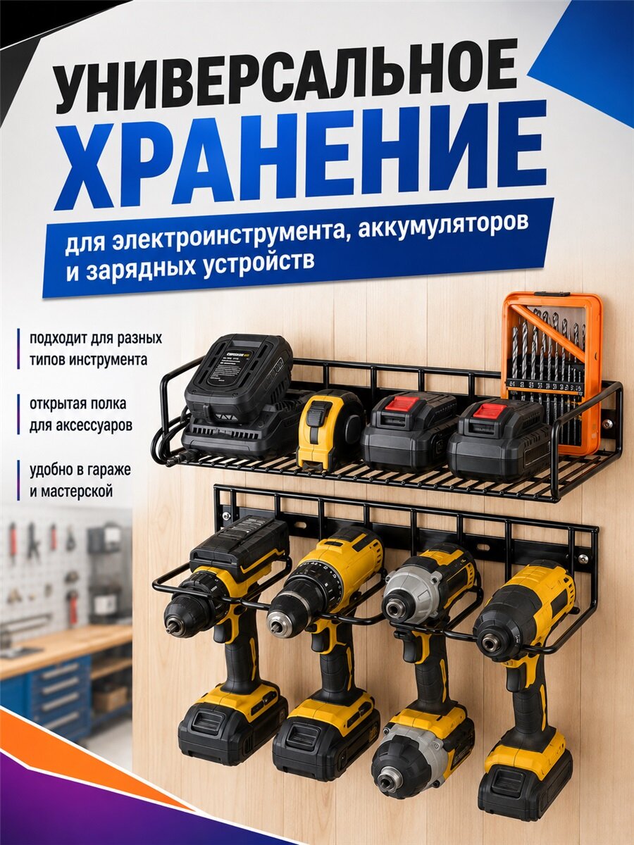 Полка для электроинструмента настенная, хранение дрелей, аккумуляторов и зарядок, для гаража, мастерской, организация рабочего пространства