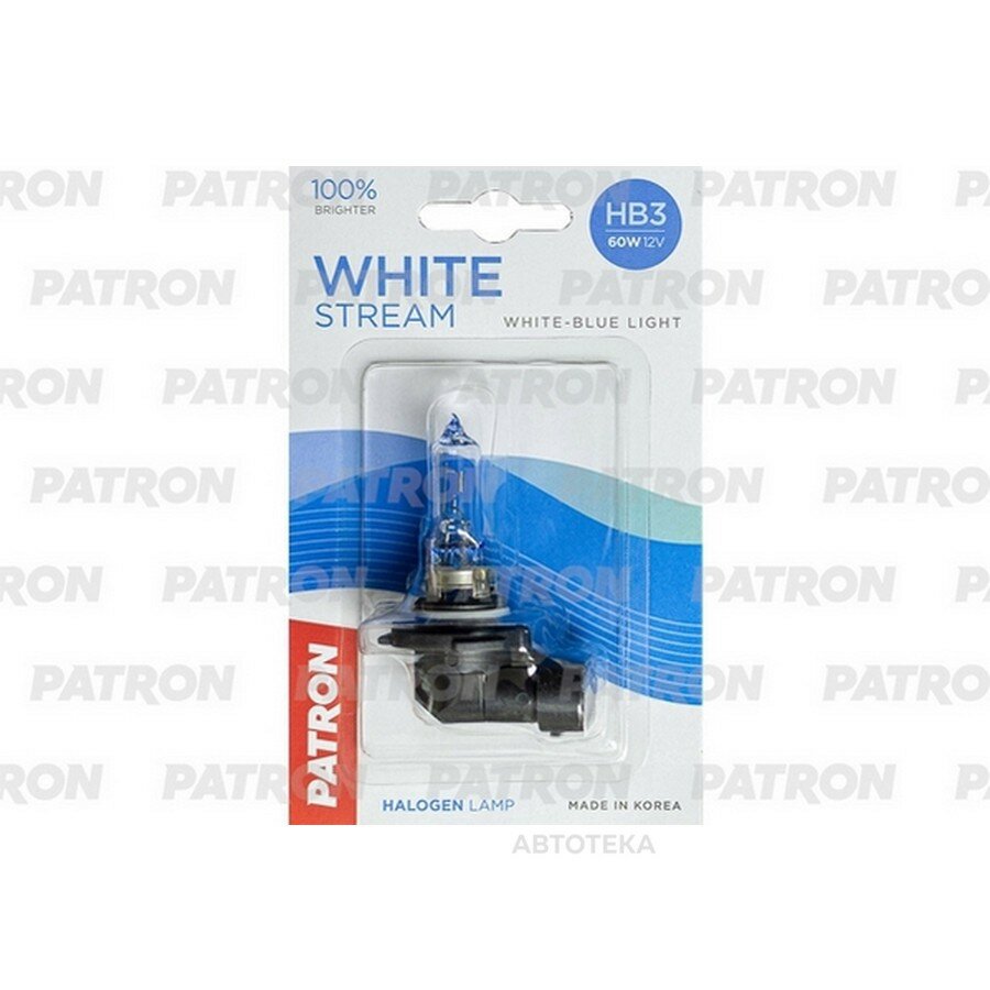 Лампа блистер 1ШТ HB3 12V 60W 3800K P20D WHITE STREAM (+100% яркости яркий белый свет +50М свето PATRON PLHB31260WSB1