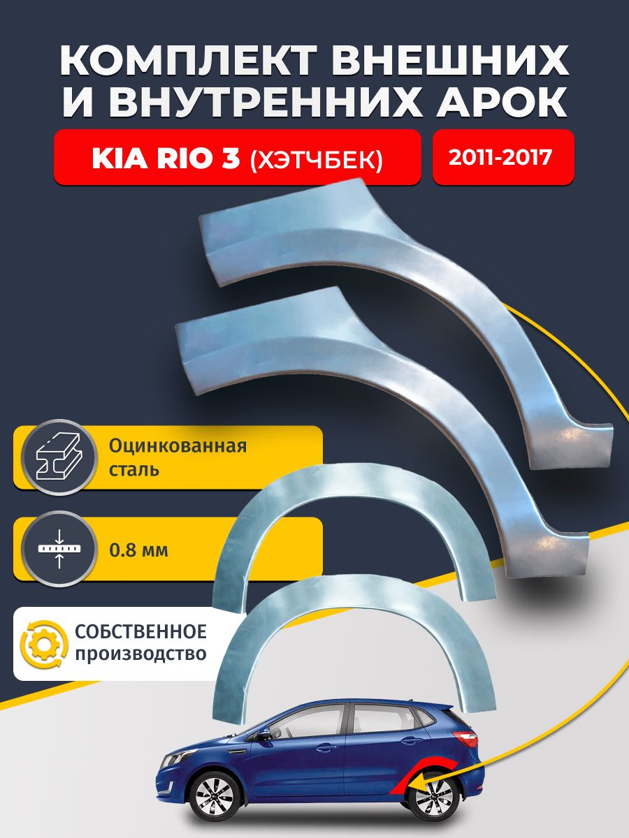 Комплект задних ремонтных внешних и внутренних арок для автомобиля (4 шт.), KIA RIO 3 2011-2017 Х/Б 5 дв. (КИА РИО 3). Оцинкованная сталь 0,8 мм.