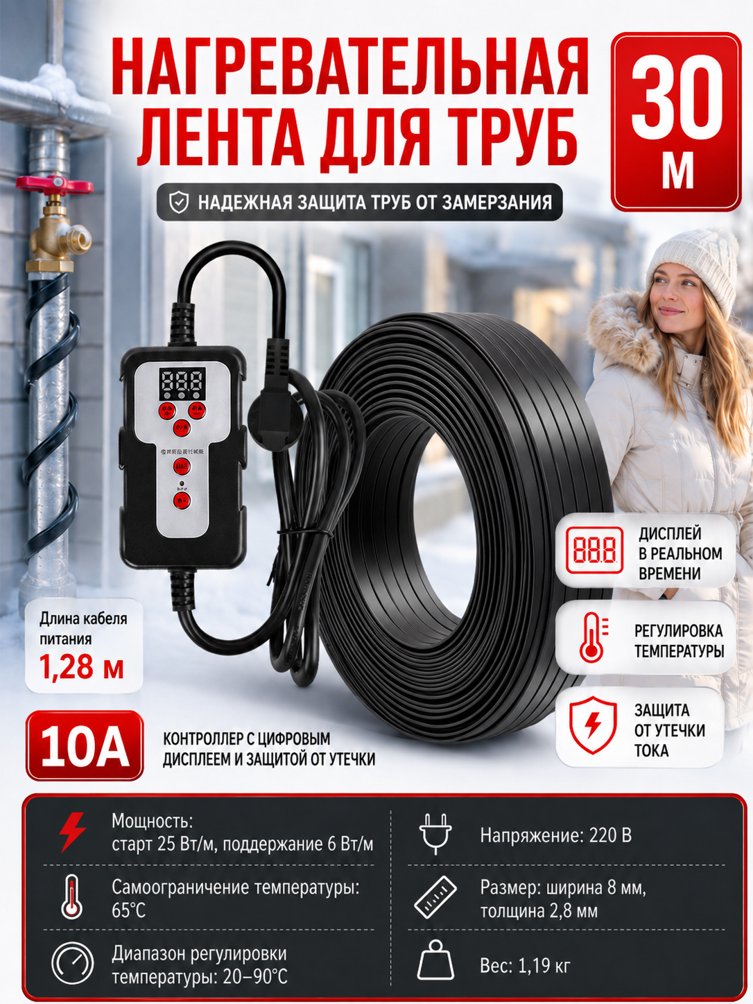 Греческая лента для труб 220В, диапозон регулировки температуры 20-90 градусов, стационарная насадка, мощное соединение для быстрого монтажа,2.8,