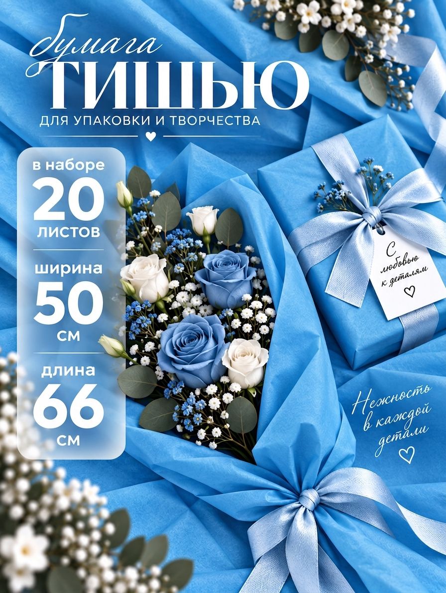 Бумага тишью упаковочная матовая однотонная. Набор 20 листов. Светло-синий №6202