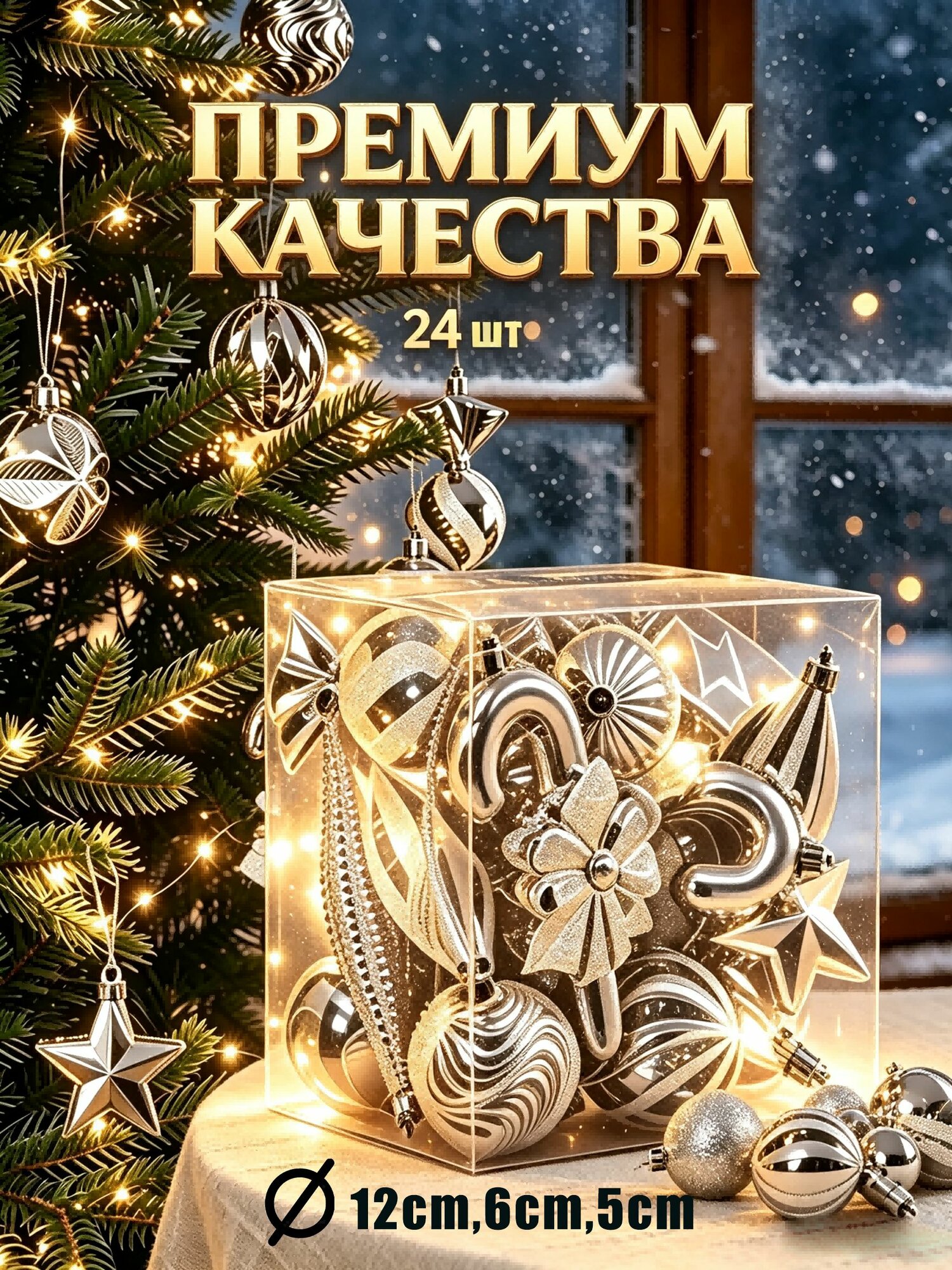 Елочные игрушки, набор 24 украшений, 12 уникальных моделей, диаметром 4 -14 см, серебристого цвета, подходящие для украшения рождественской елки в 2027 году
