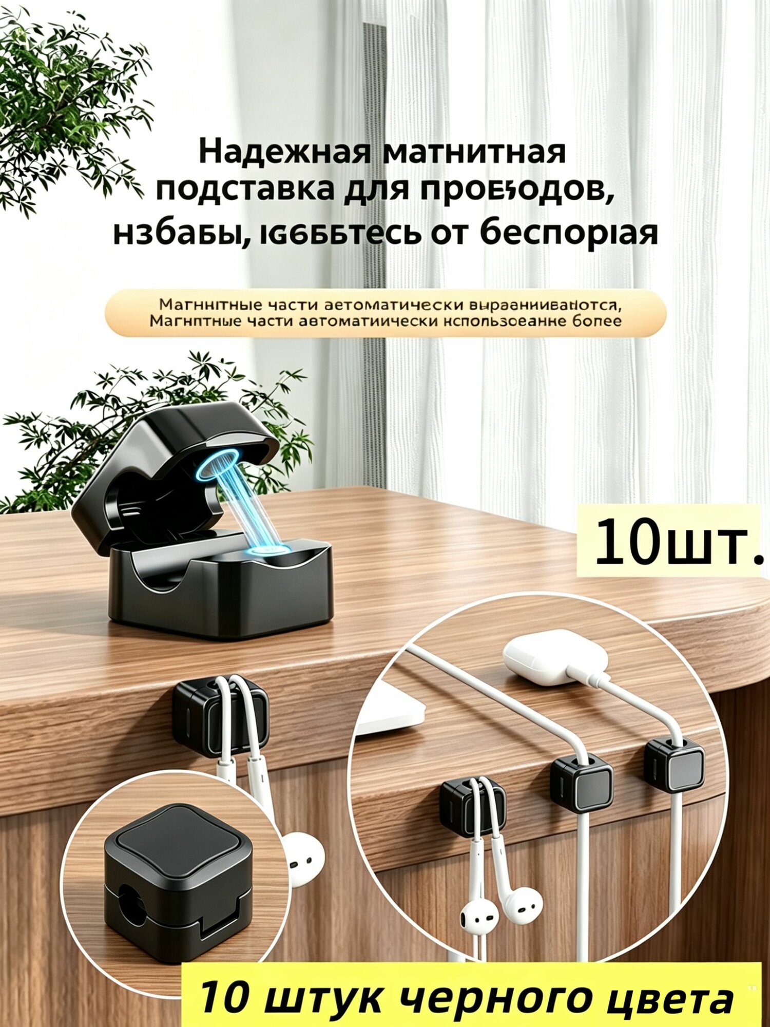 Магнитный держатель для проводов, органайзер кабелей 10 шт для зарядных устройств, на рабочий стол, в машину(10 штук черного цвета